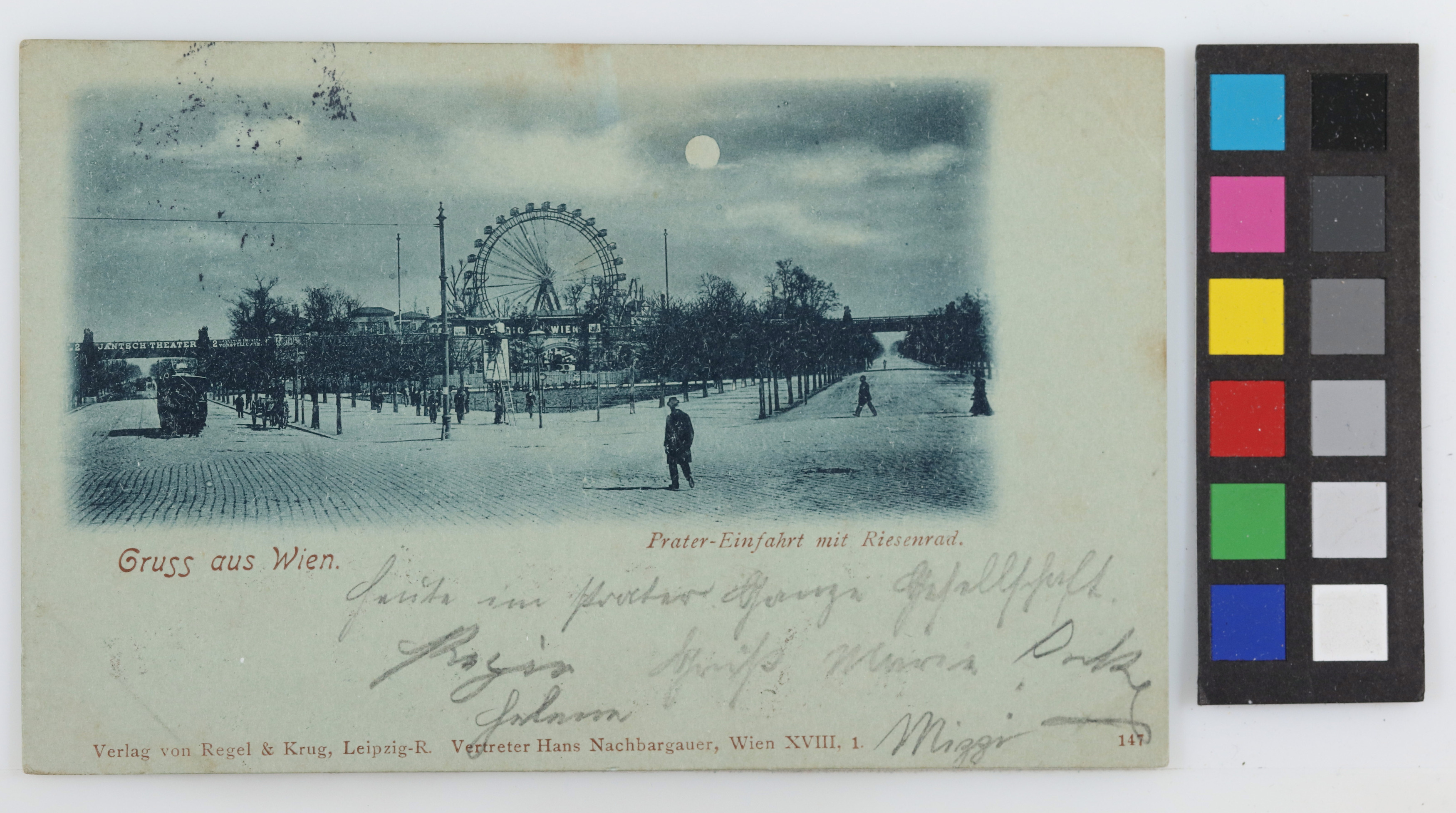 Gruß aus Wien. Prater-Einfahrt mit Riesenrad. – Wien Museum Online Sammlung