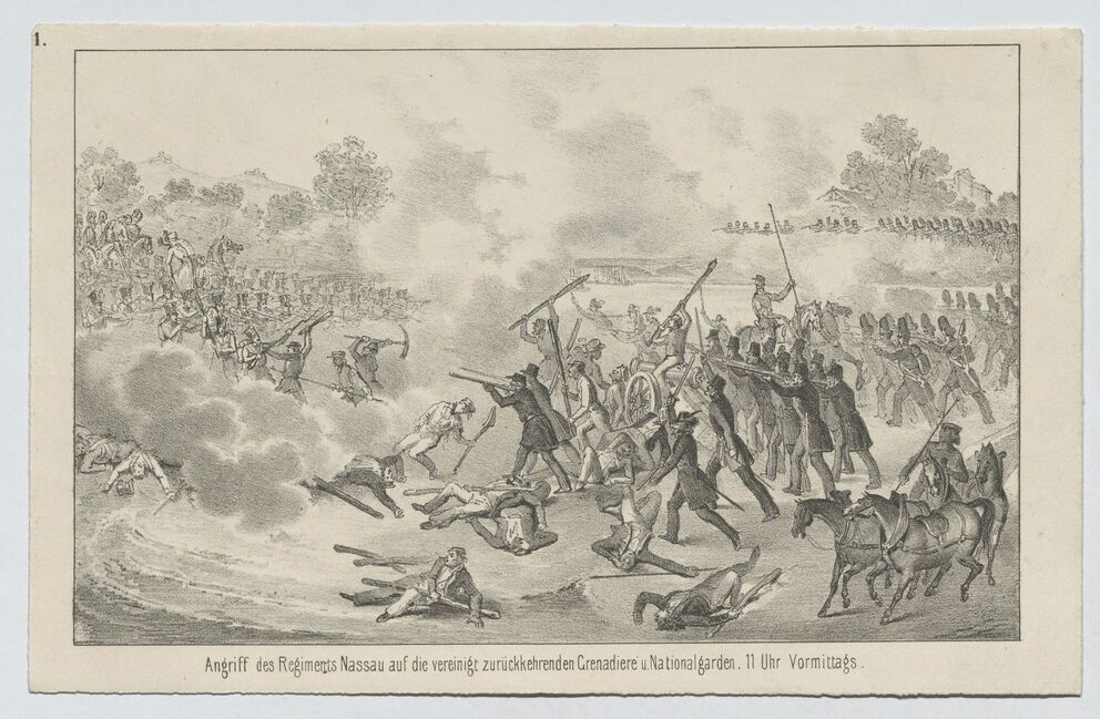"Angriff des Regiments Nassau auf die vereinigt zurückkehrenden ...