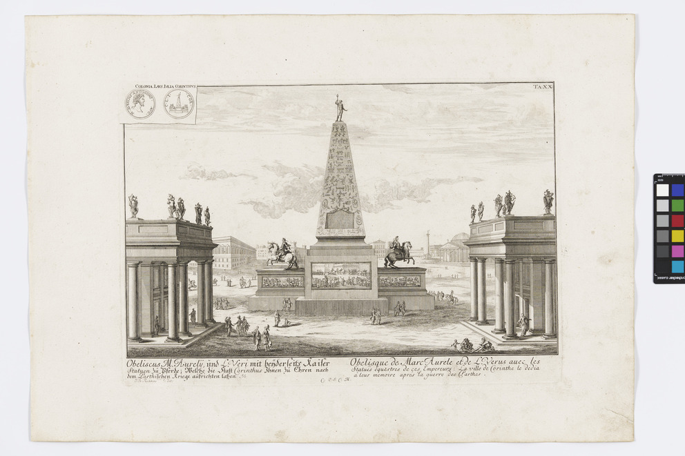 Obeliscus M. Aurely, und L. Veri mit beyderseits Kaiser Statuen zu ...
