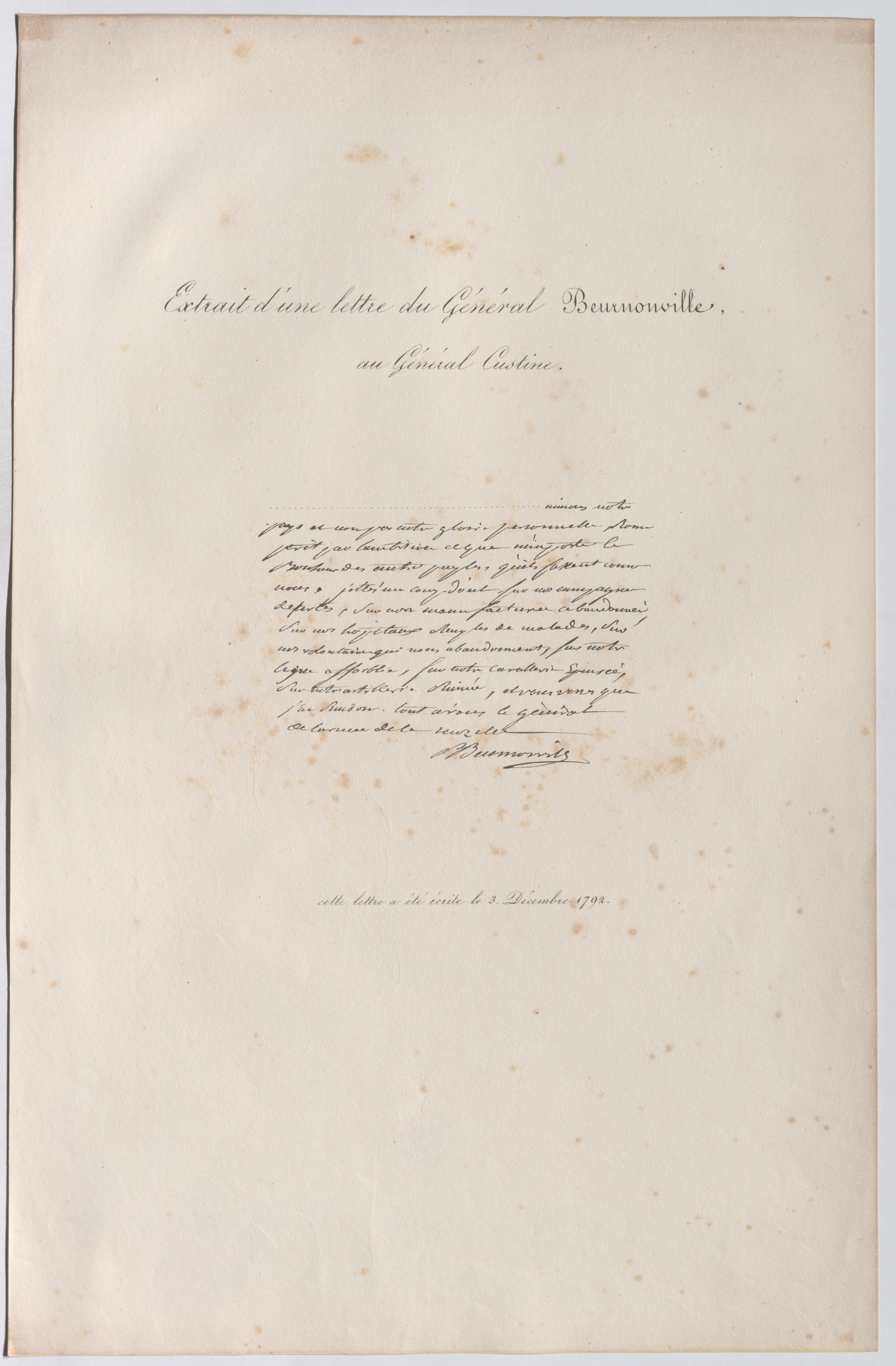 "Extrait d´une lettre du Général Beurnonville, au Général Custine ...