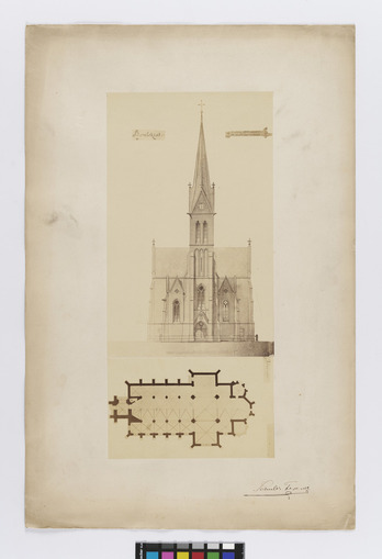 Enwurf zu einer Kirche, Hauptfassade und Grundriss, Schülerarbeit ...