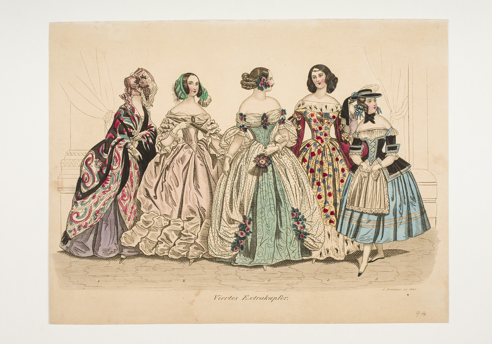 Modebild: Fünf Figuren, weibliche Promenade-, Ball- und Maskenmoden ...