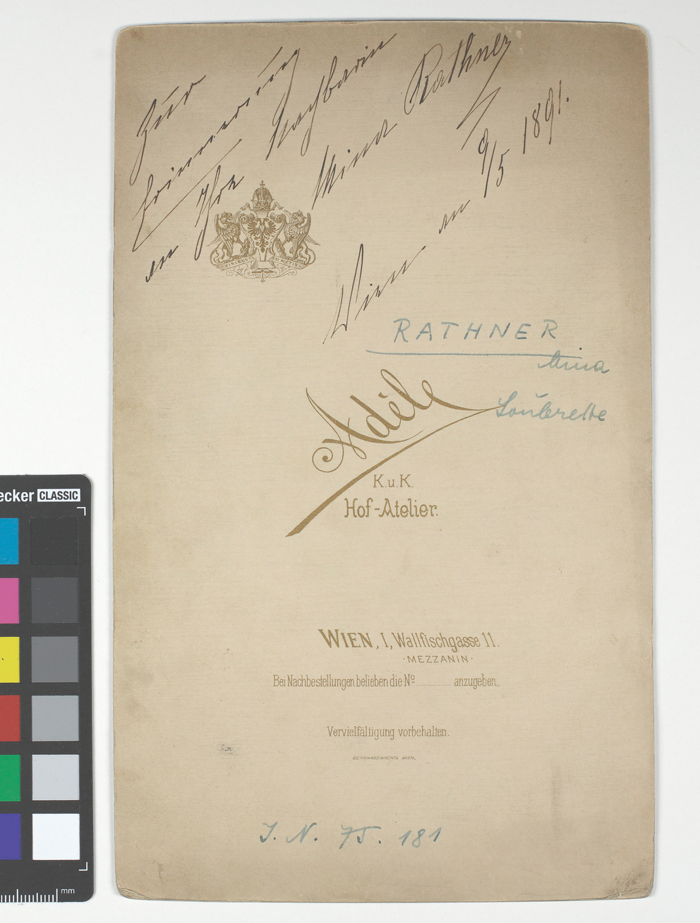 Wilhelmine „Minna“ Rathner (verehe. Kupka, 1863-1913), Tänzerin (rückseitig eigenhändige Widmung ...