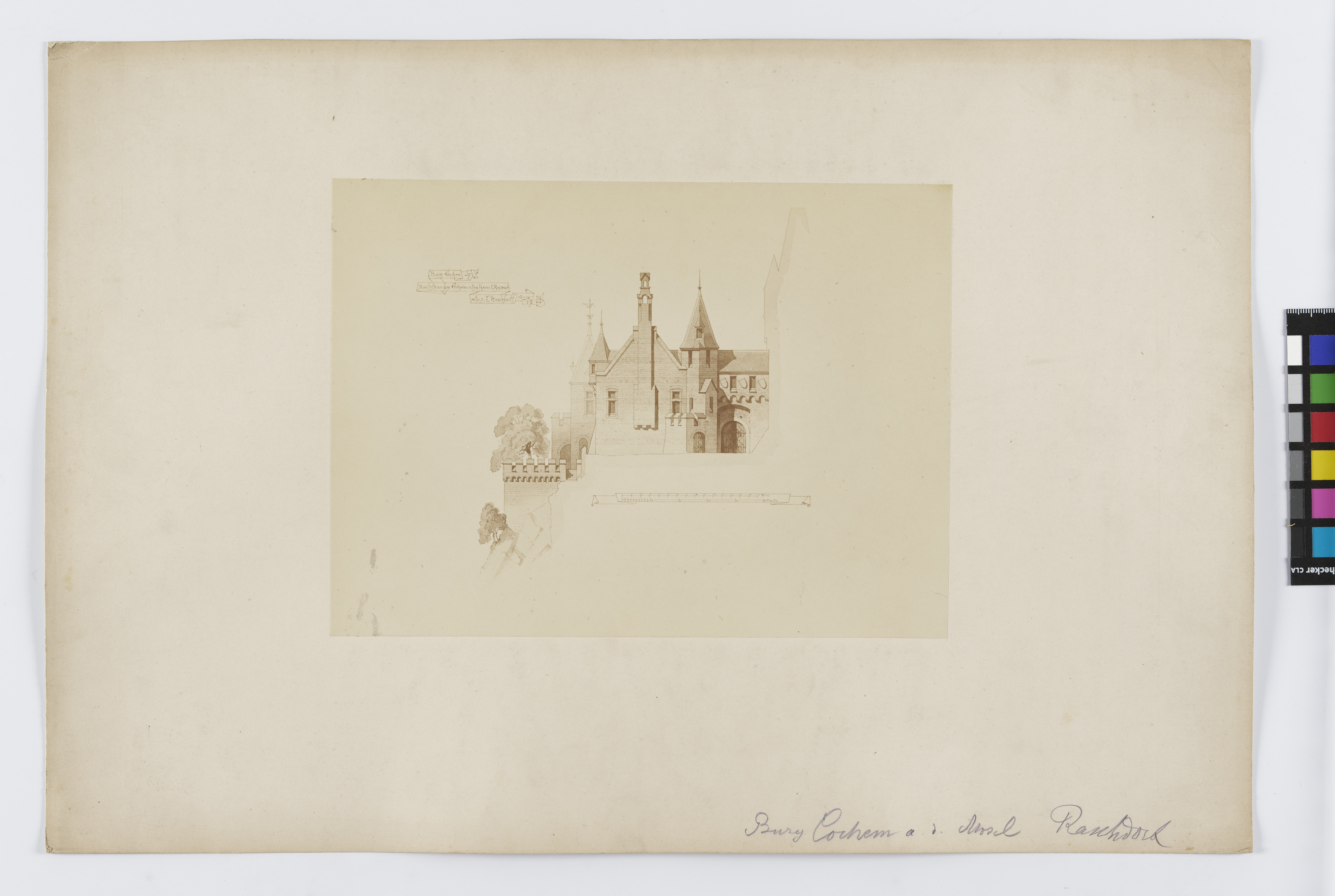 Entwurf zum Wiederaufbau der Burg Cochem, Außenansicht - Löwentor ...