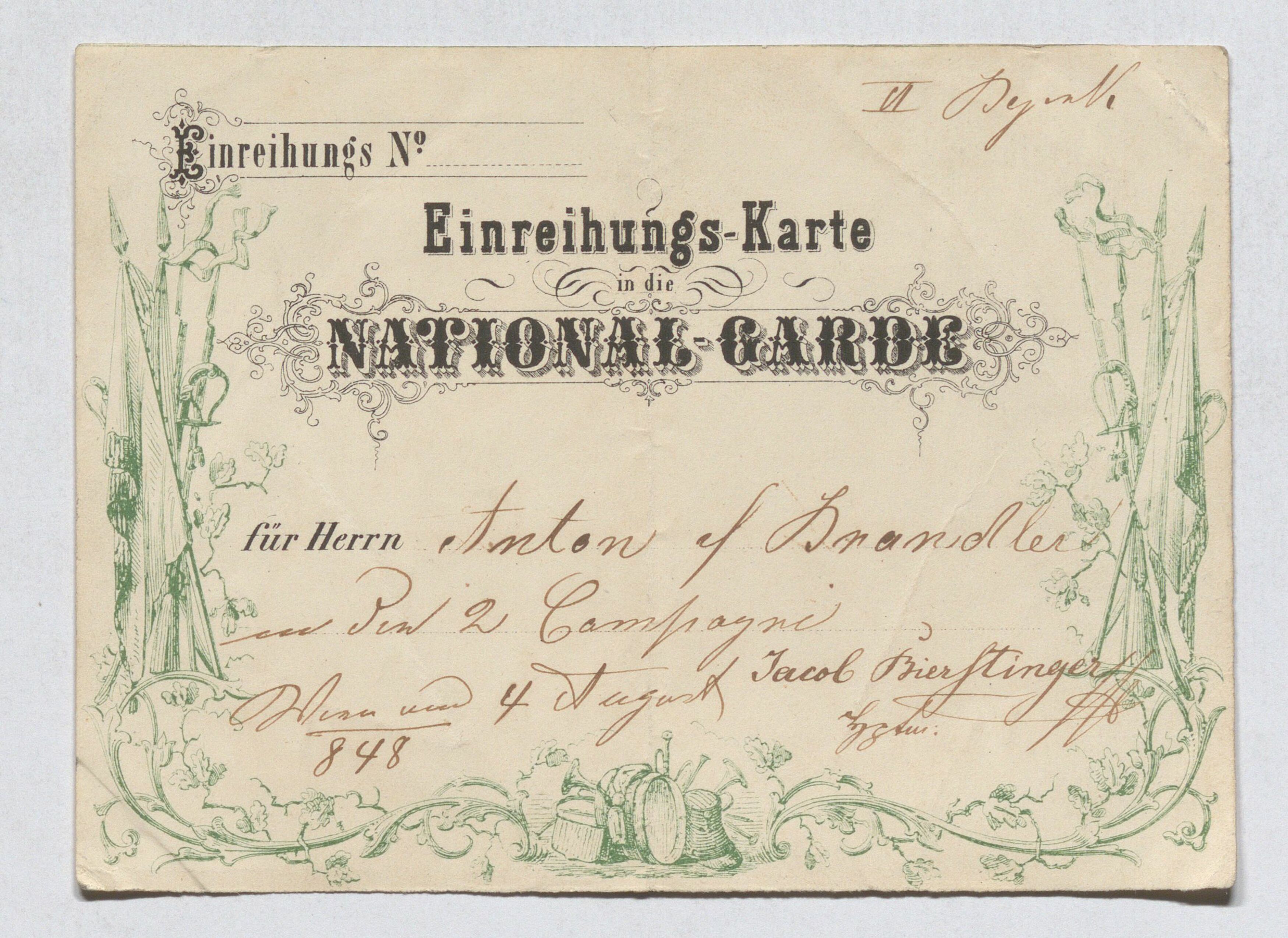 Einreihungskarte in die Nationalgarde, 2. Compagnie, für Anton Brandler ...